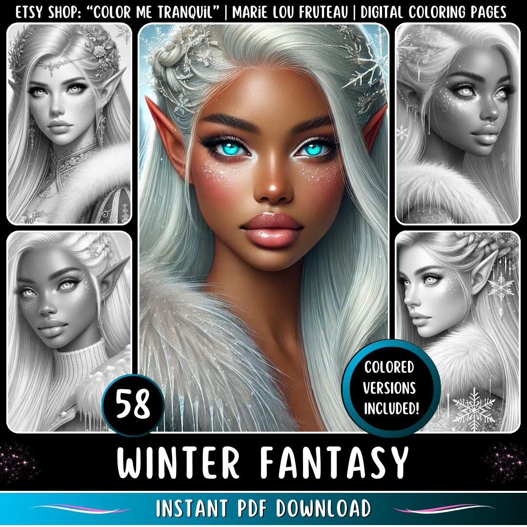 58 "winter Fantasy" Grayscale Coloring Pages for Adults | Beautiful Woman | Black Woman | Elf ...