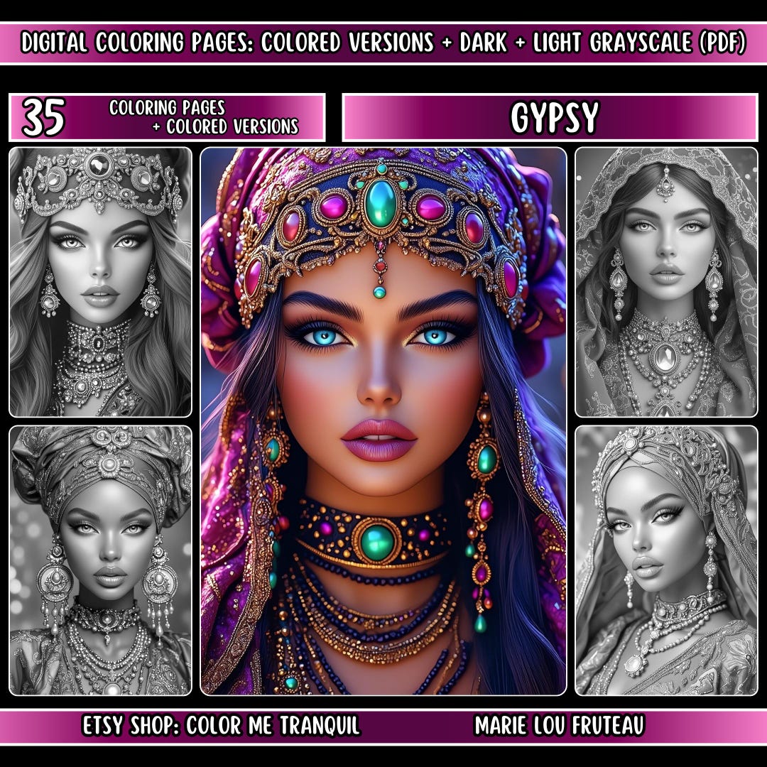 35 "gypsy" Grayscale Coloring Pages for Adults | Beautiful Women ...
