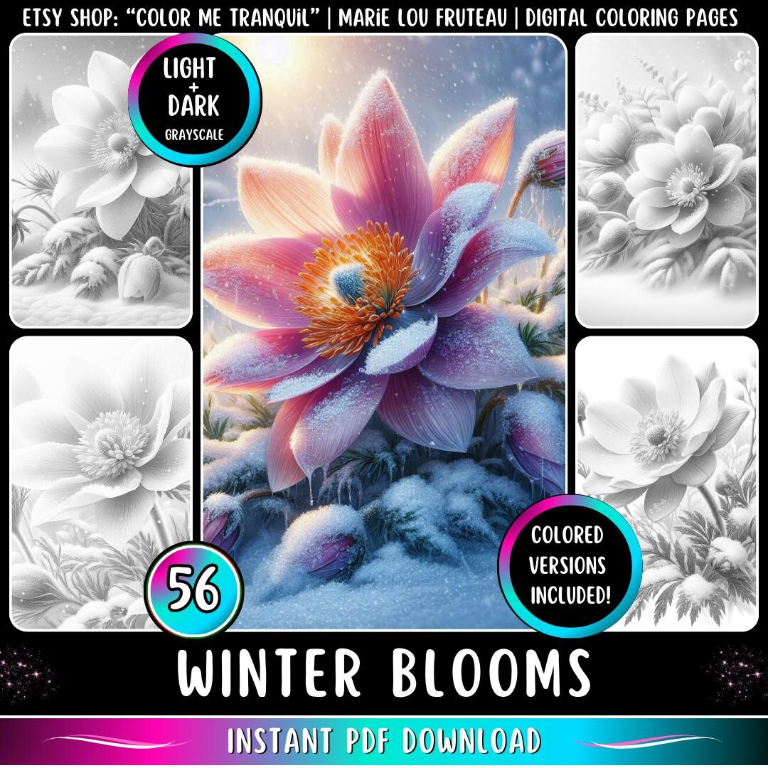 56 Winter Blooms Grayscale Coloring Pages: Realistic Snow Flowers ...
