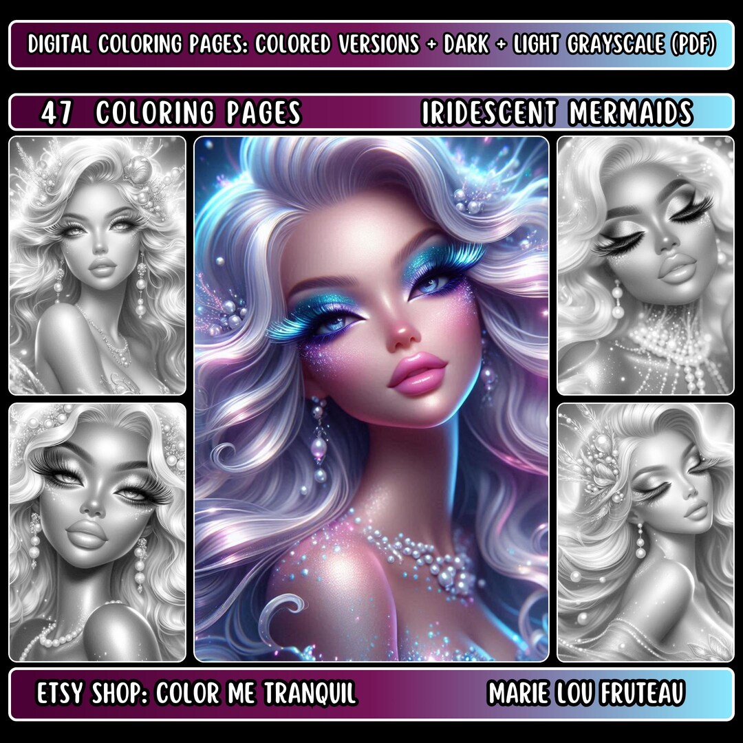 47 "iridescent Mermaids" Grayscale Coloring Pages for Adults ...