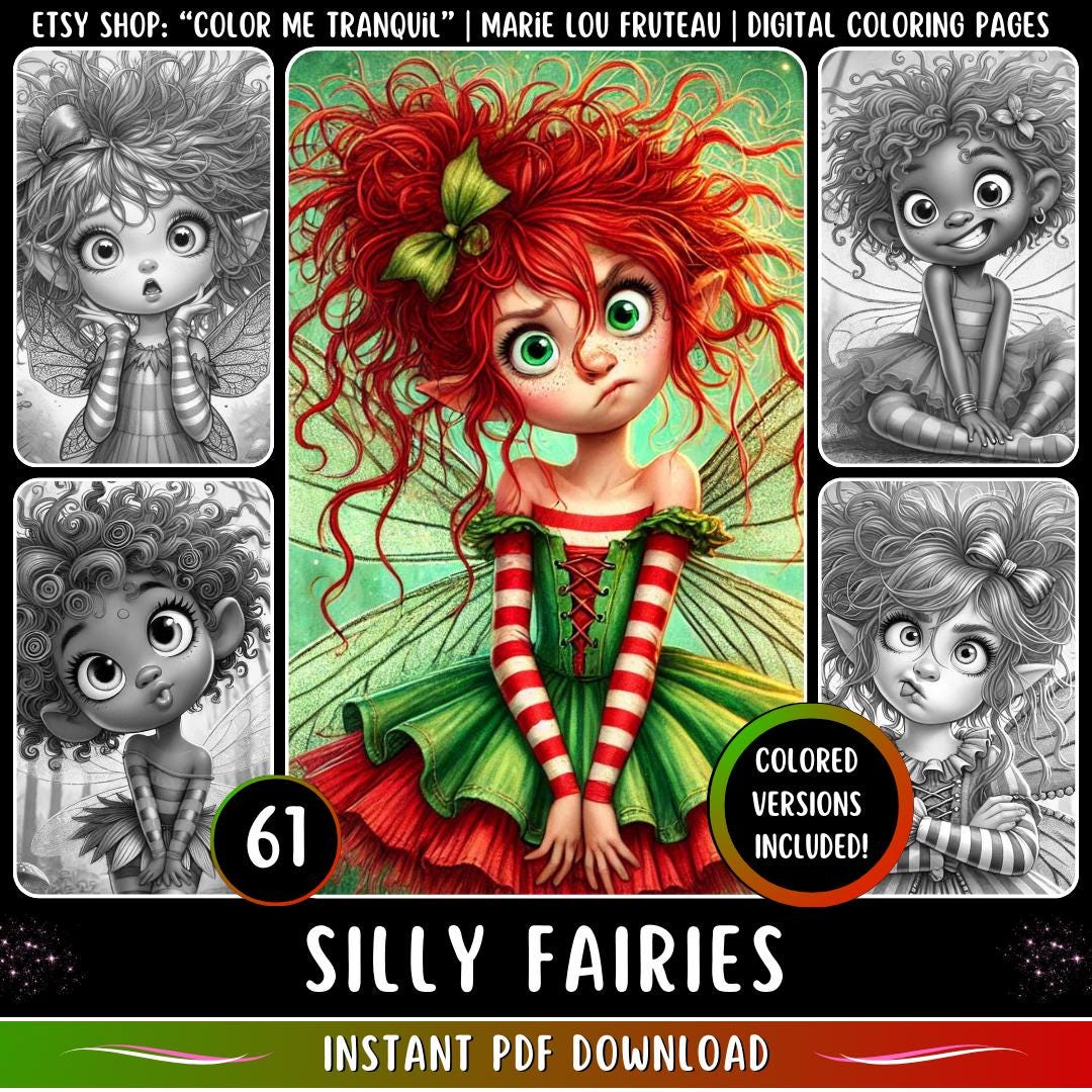 61 "silly Fairies" Grayscale Coloring Pages | Cute Fairies | Adorable ...