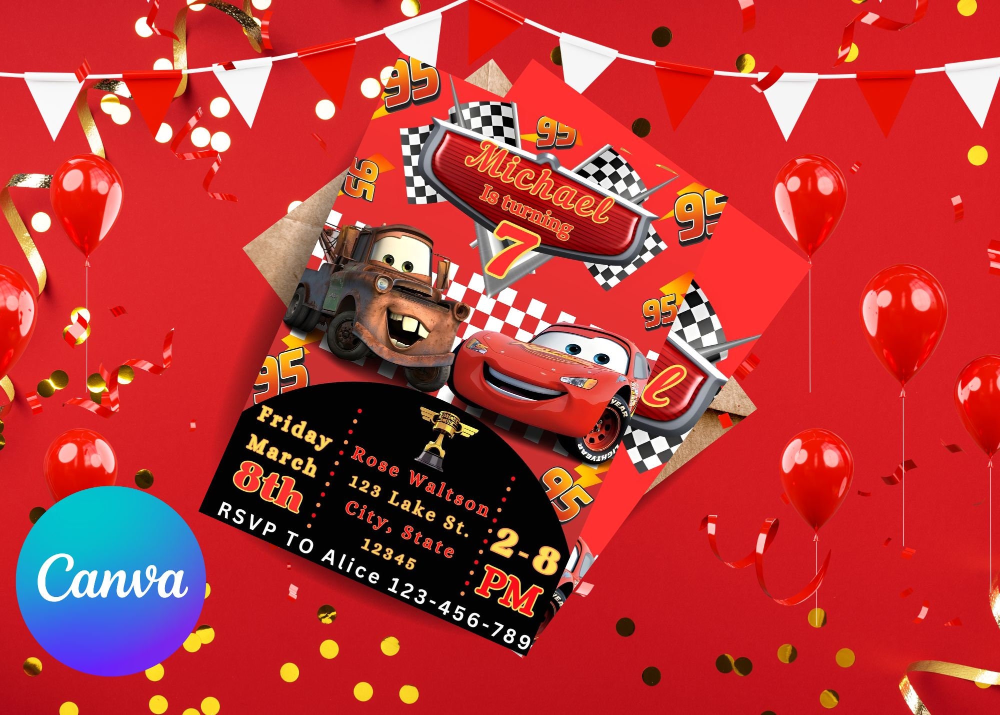 Lightning Mcqueen Party Invitation Front and Back Edit With Canva - Etsy