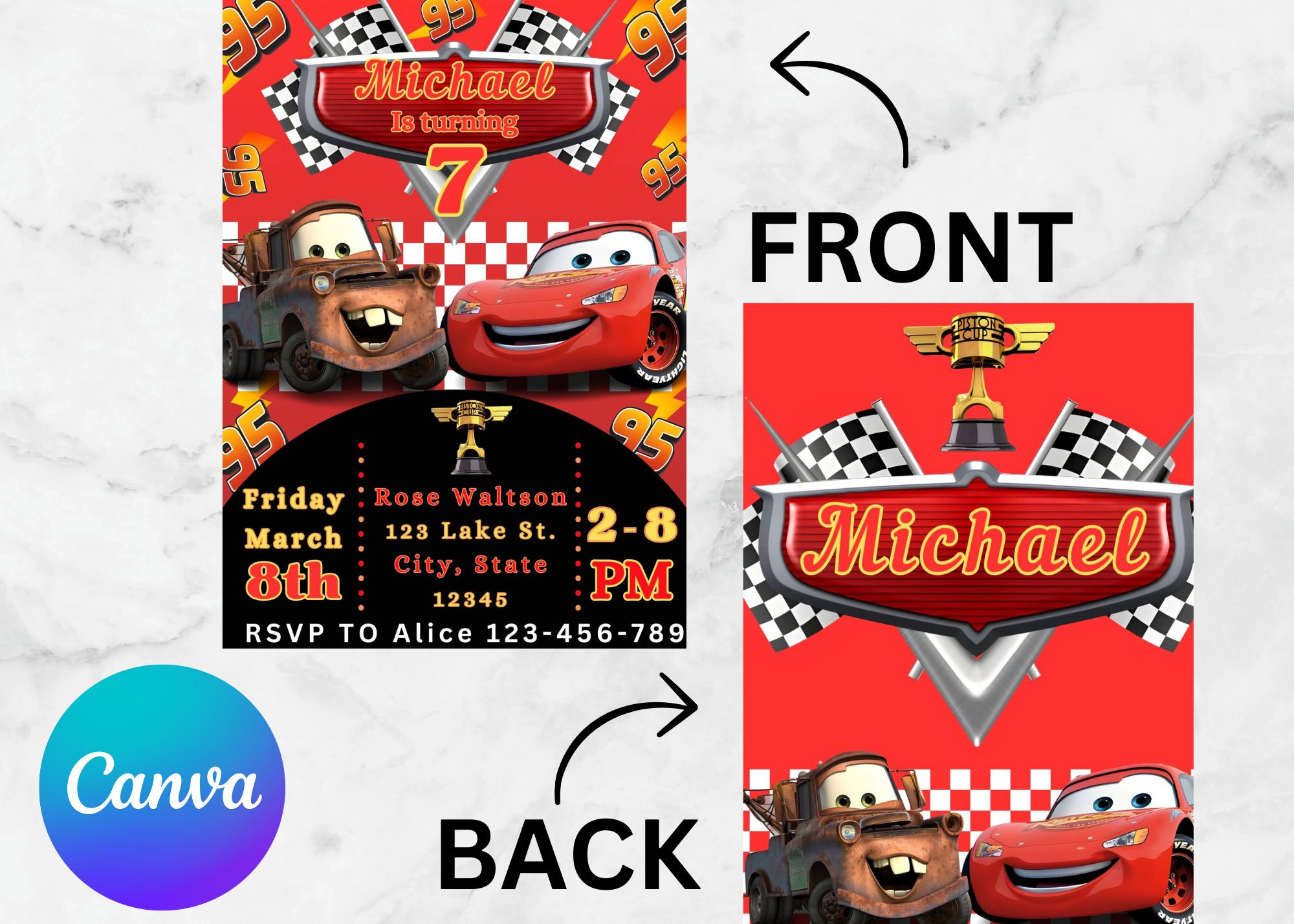 Lightning Mcqueen Party Invitation Front and Back Edit With Canva - Etsy