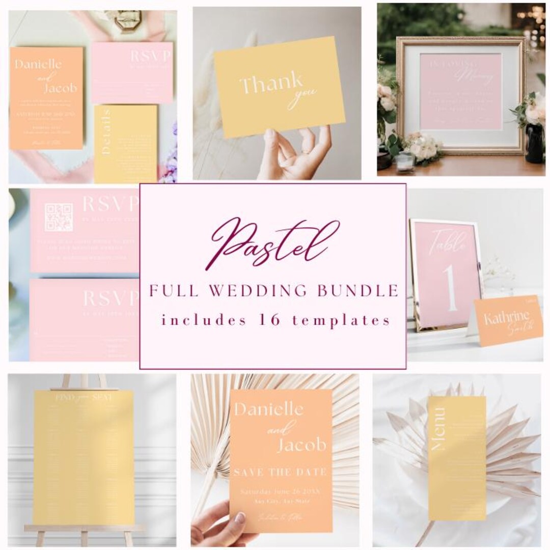 Pastel Wedding Sign Bundle Template, Summer Wedding Invitation Suite ...