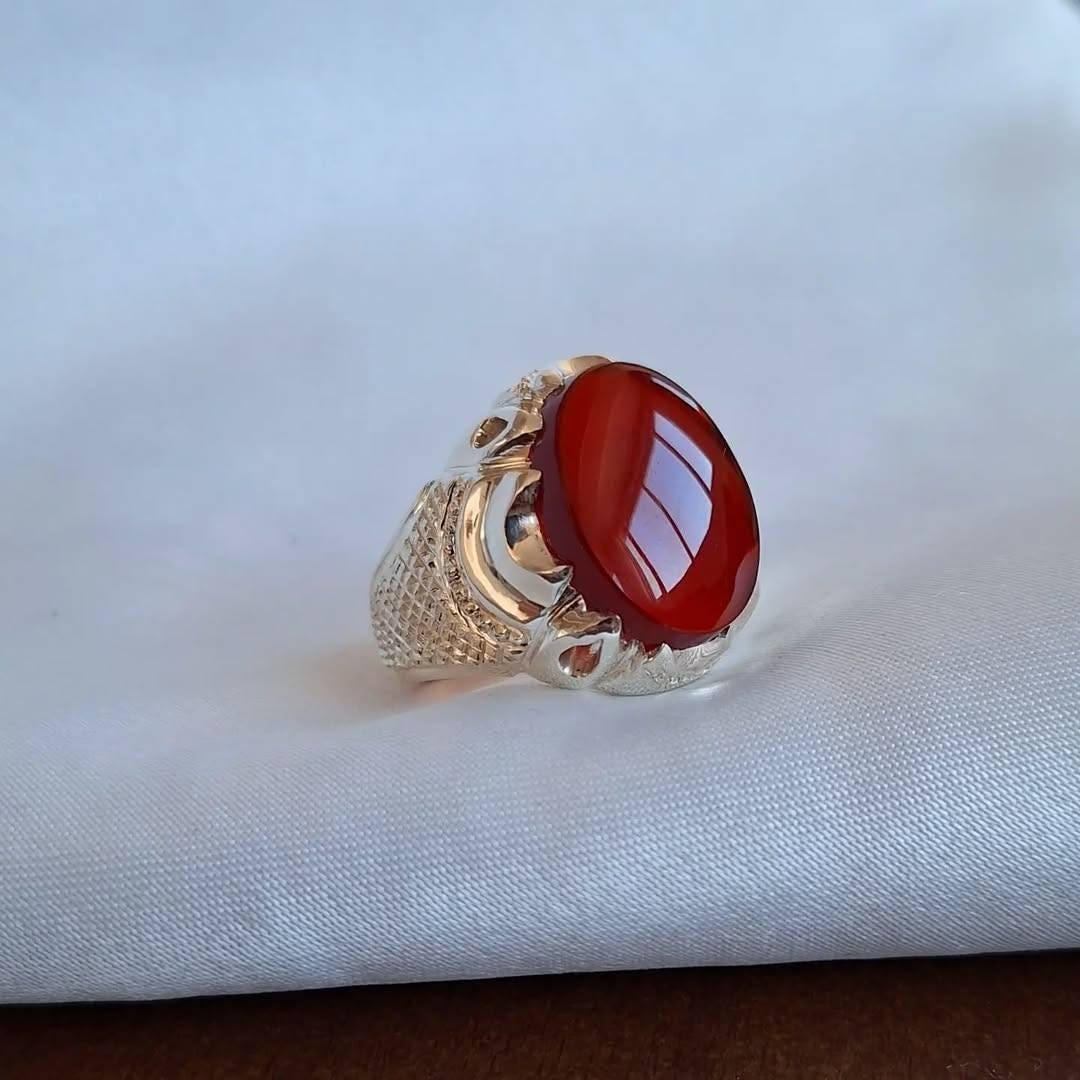 Natural Yemeni Aqeeq Akik Haqeeq Stone Sterling Silver Ring Dark Red ...