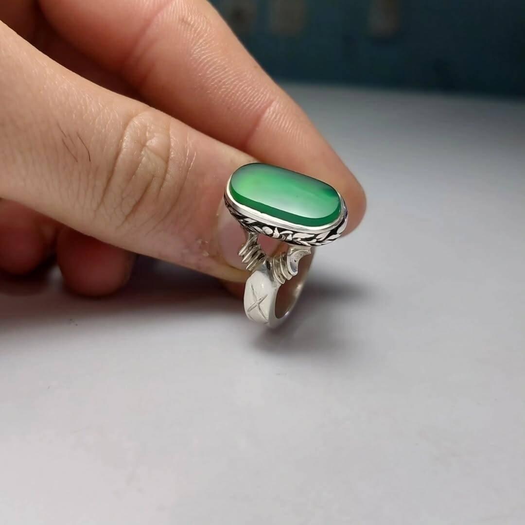 Natural Green Aqeeq Yemeni Stone Sterling Silver Ring Original Green ...