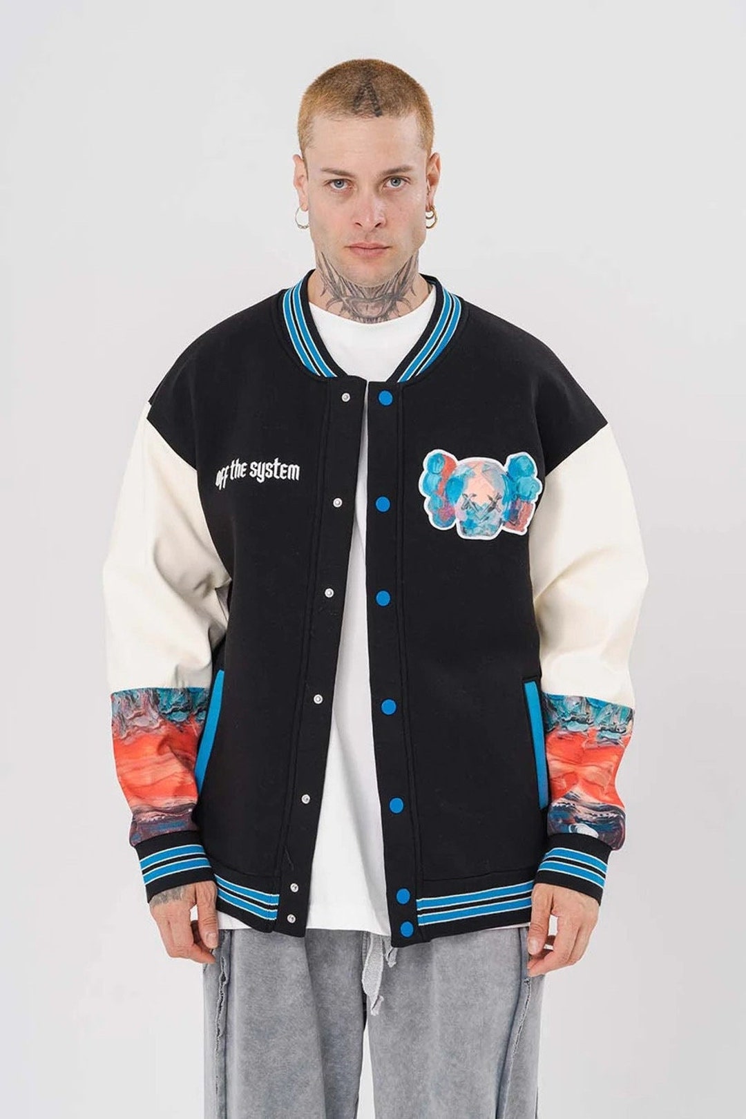 Black Collage Bomber Jacket's kaws Patch Detailed-loose Streetwear ...