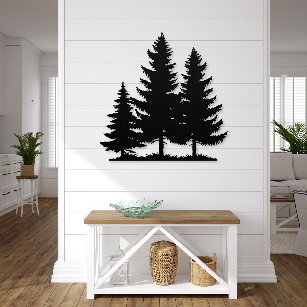 Wispy Pine Tree Metal Wall Art, Cedar Tree Metal Sign Large Outdoor ...
