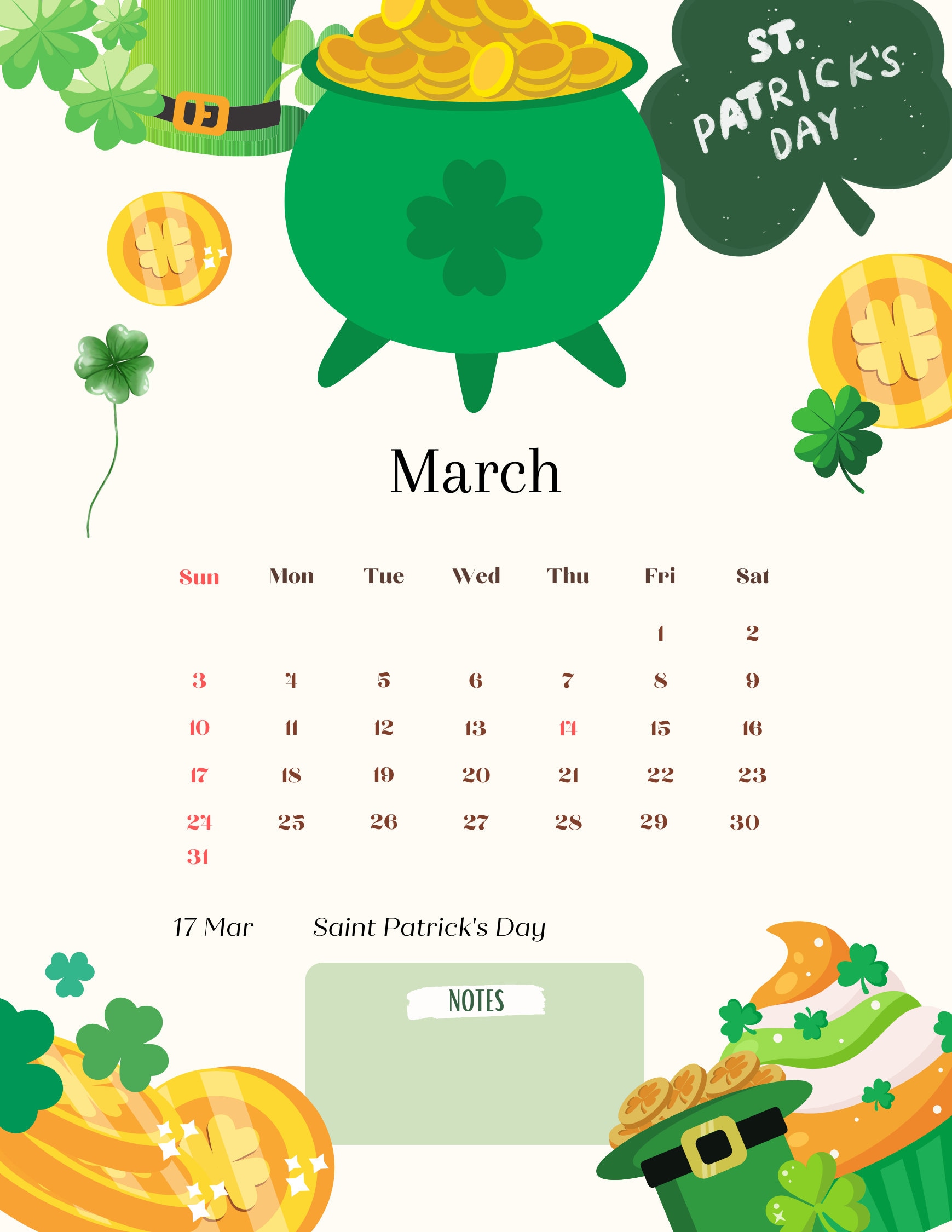 2024 March Calendar St.patricks Day Theme - Etsy