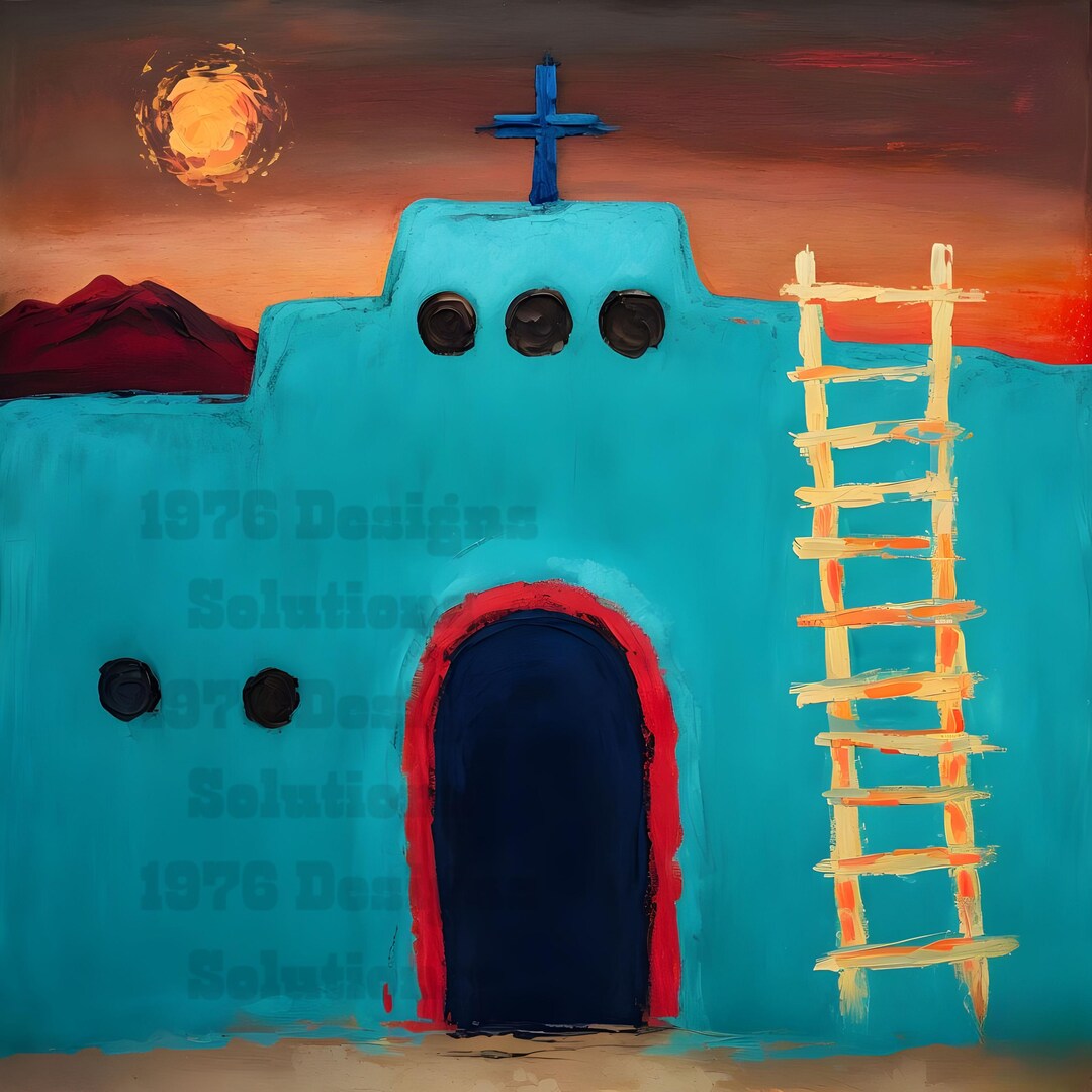 Rustic Turquoise Church Art | Vintage Western Chapel | Desert Landscape ...