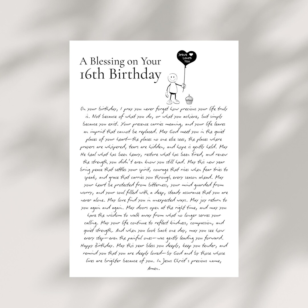 16th Birthday Blessing Card PRINTABLE Christian Prayer Faith-based ...