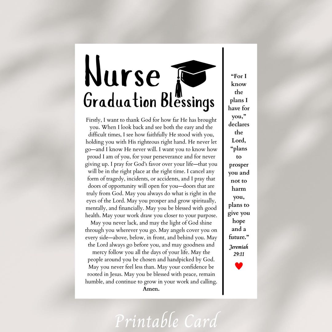 Nurse Graduation Blessing Card PRINTABLE RN Prayer Note Keepsake ...