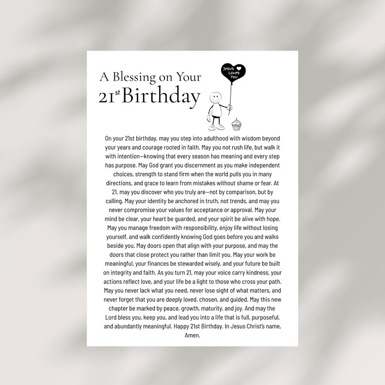 21st Birthday Blessing Card PRINTABLE Christian Prayer Faith-based ...