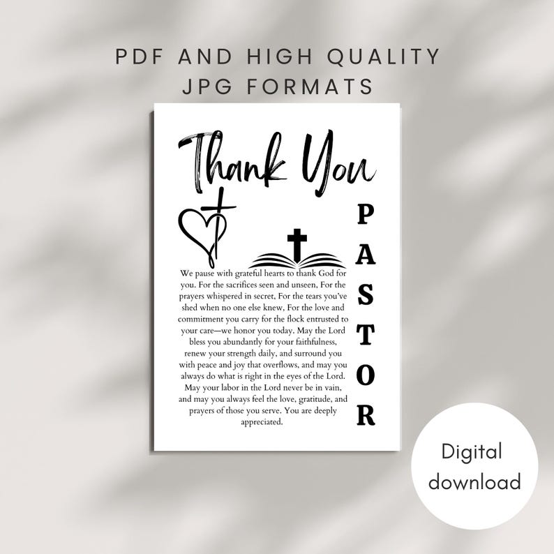 Pastor Thank You Card Blessing PRINTABLE Christian Prayer Religious ...