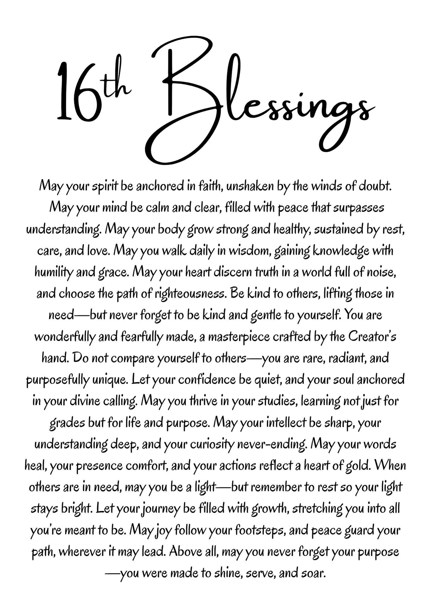 Christian 16th Birthday Blessing Card Printable Digital Download Gift ...