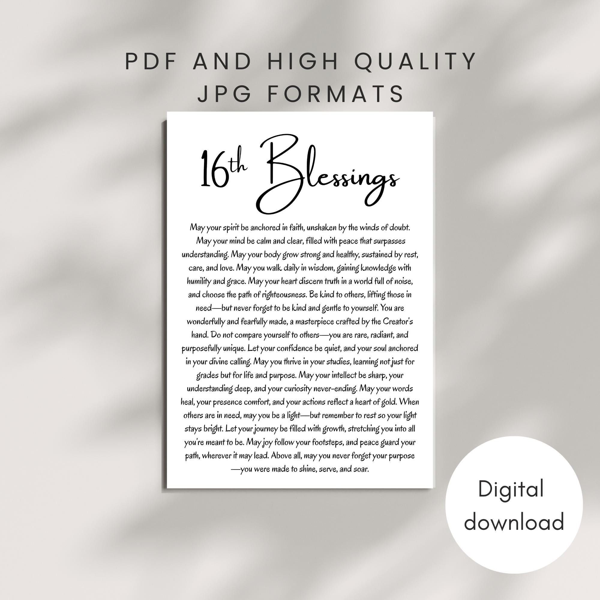 Christian 16th Birthday Blessing Card Printable Digital Download Gift ...