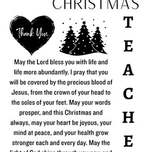 Teacher Christmas Card Blessing PRINTABLE Prayer Employee Thank You ...