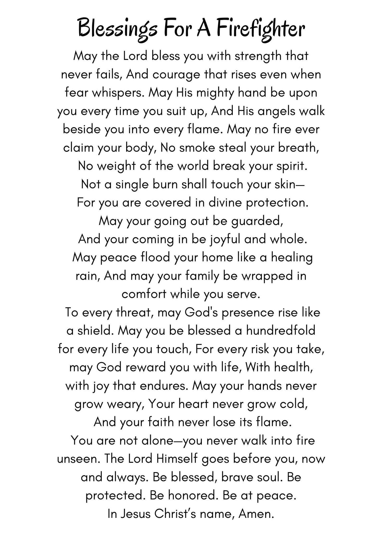 Firefighter Blessing Card PRINTABLE Christian Religious Faith-based ...