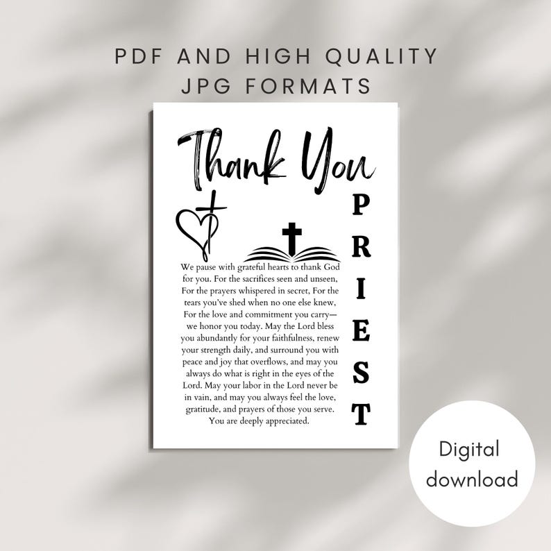PRINTABLE Priest Thank You Card Blessing Christian Prayer Religious ...