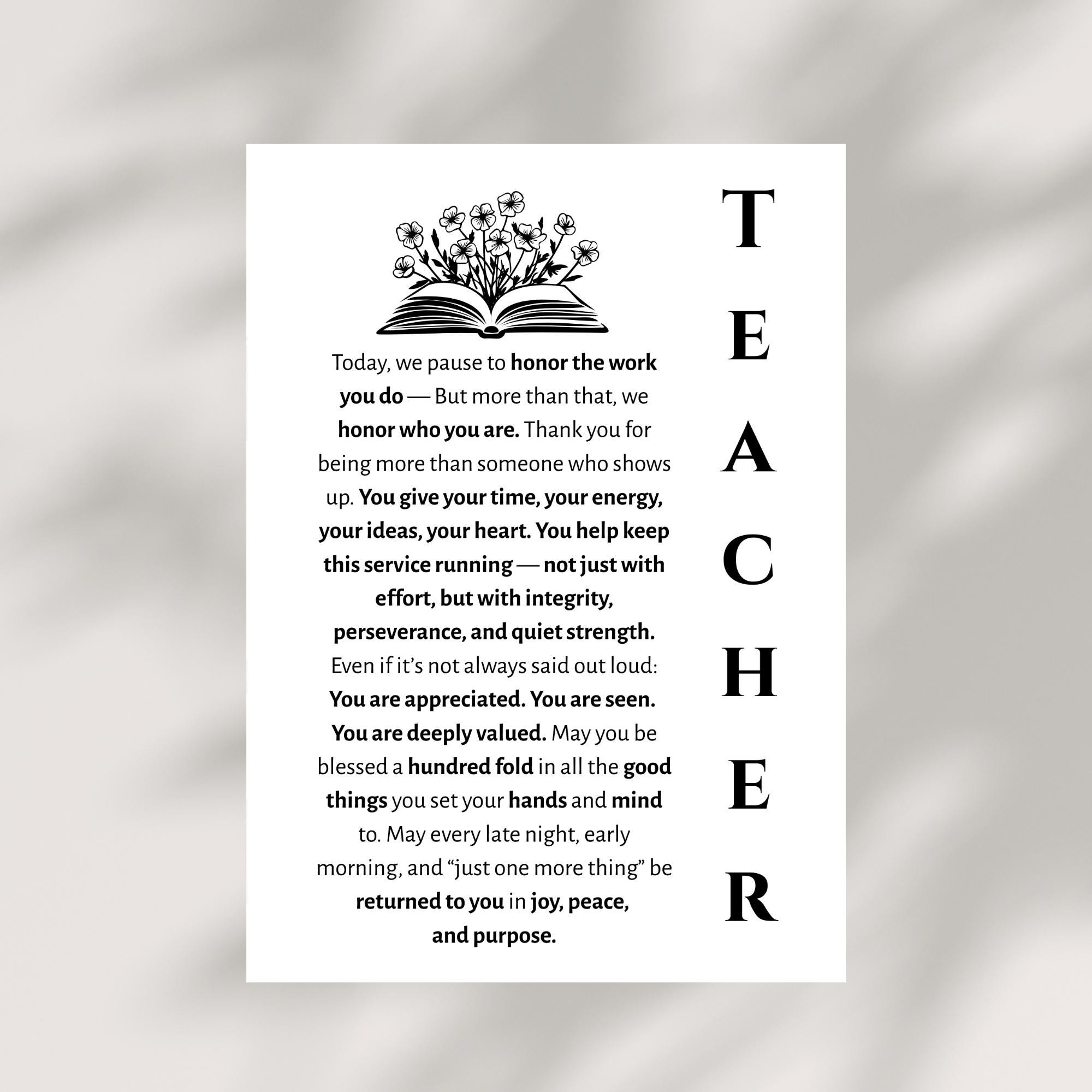 Teacher Blessing Card PRINTABLE Christian Prayer Gift Thank You Card ...