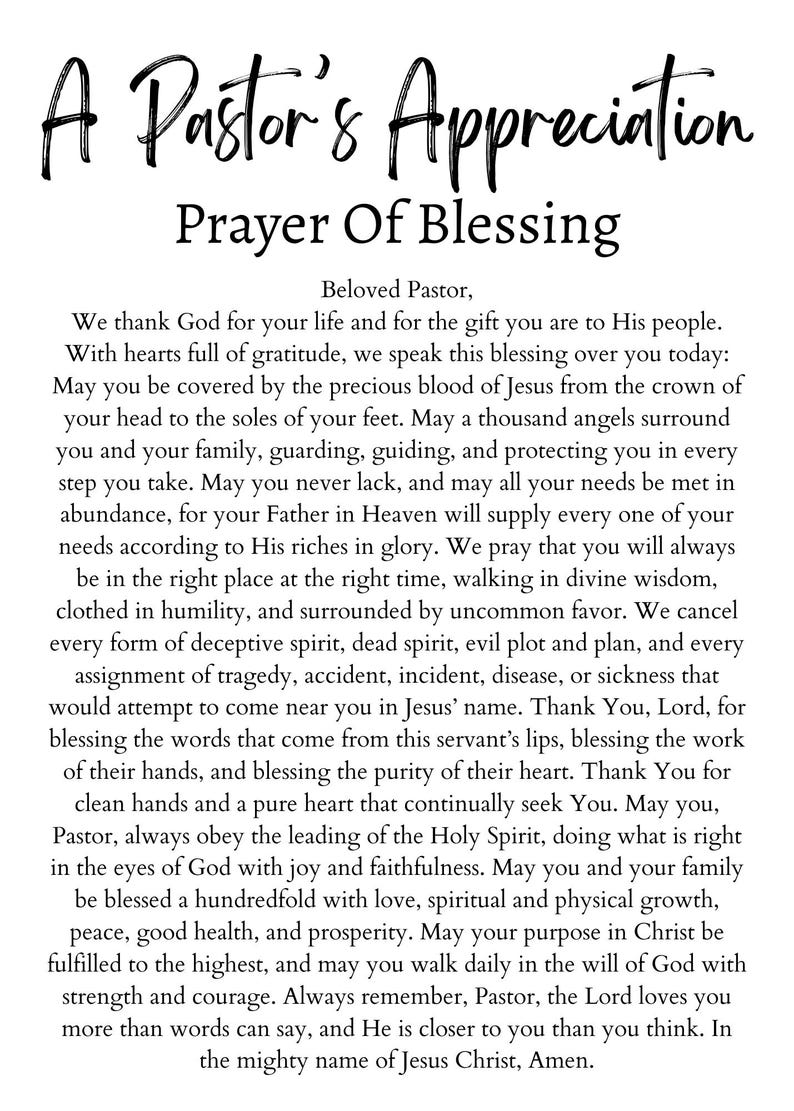 Pastor Blessing Card Prayer PRINTABLE Pastor Appreciation Month Thank ...