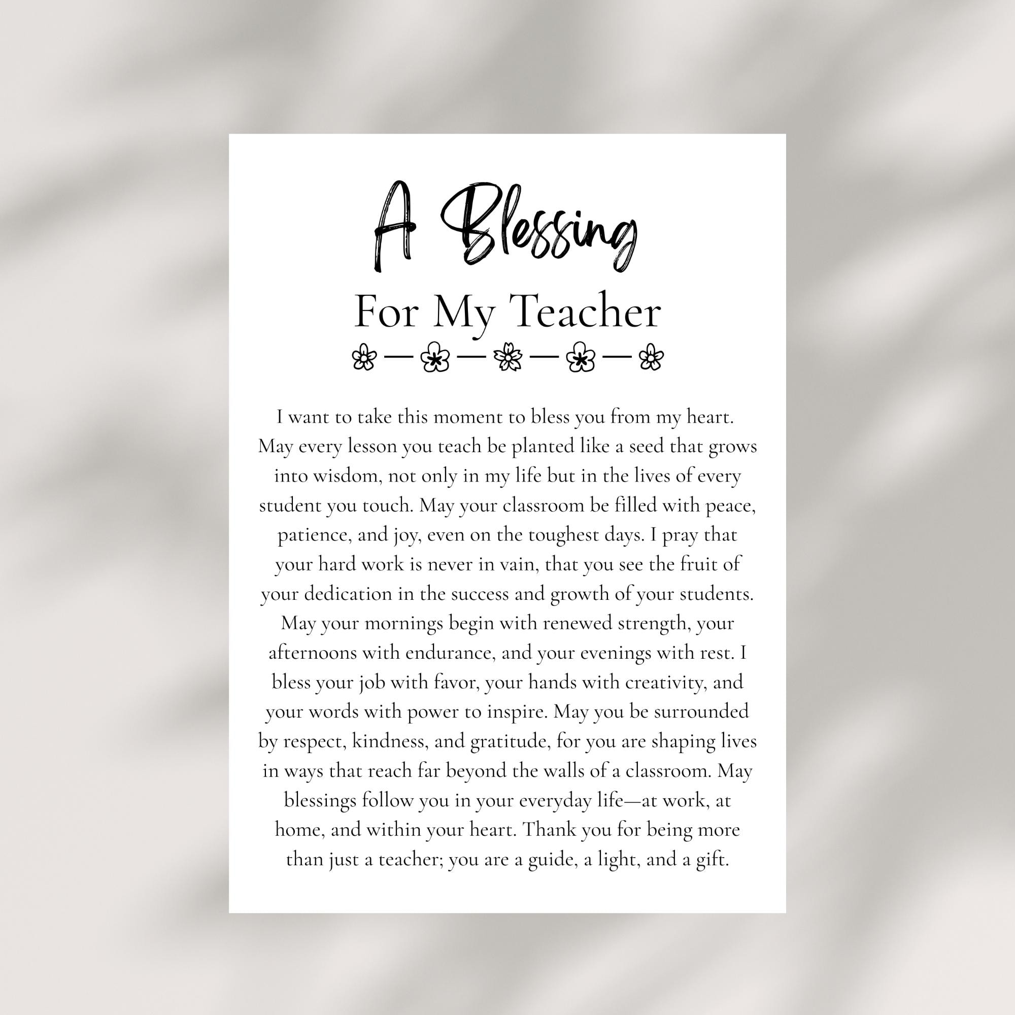 Teacher Blessing Card PRINTABLE Christian Prayer Inspirational Gift for ...