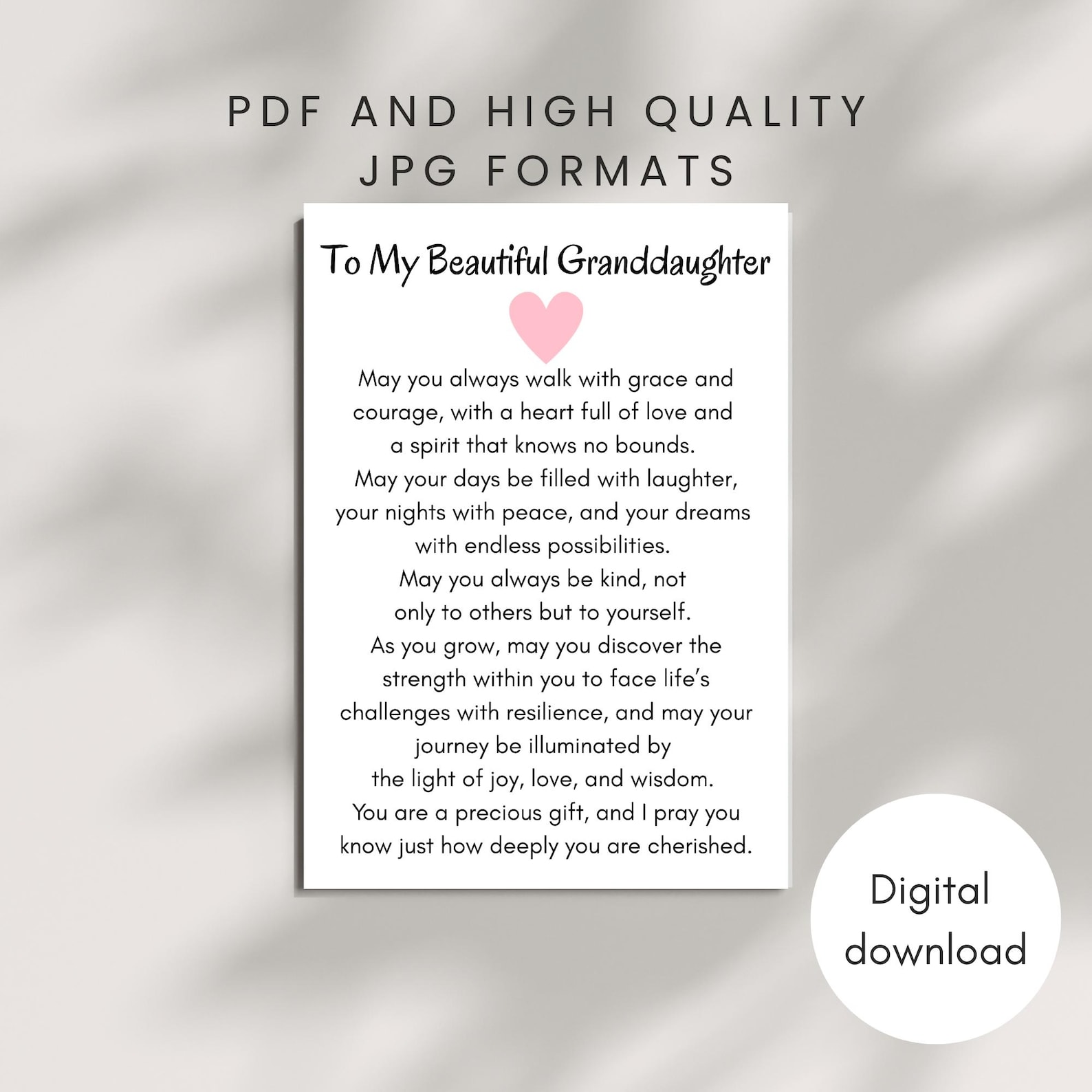 Granddaughter Blessing Card PRINTABLE DIGITAL DOWNLOAD Christian Prayer ...