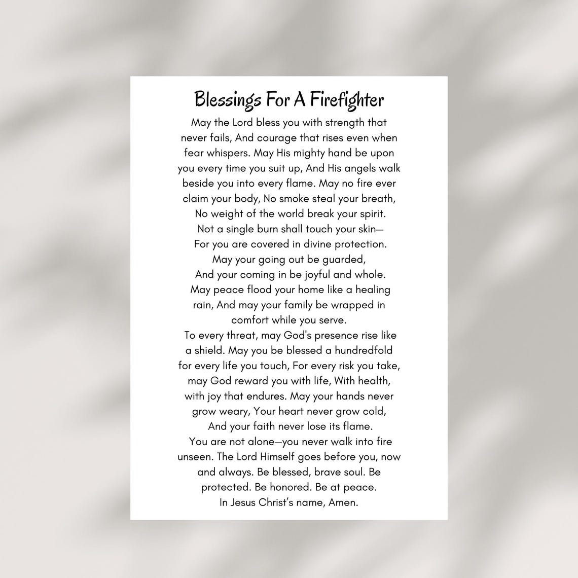 Firefighter Blessing Card PRINTABLE Christian Religious Faith-based ...