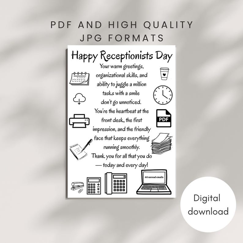 Receptionists Day Card Printable Thank You Card for Receptionist ...