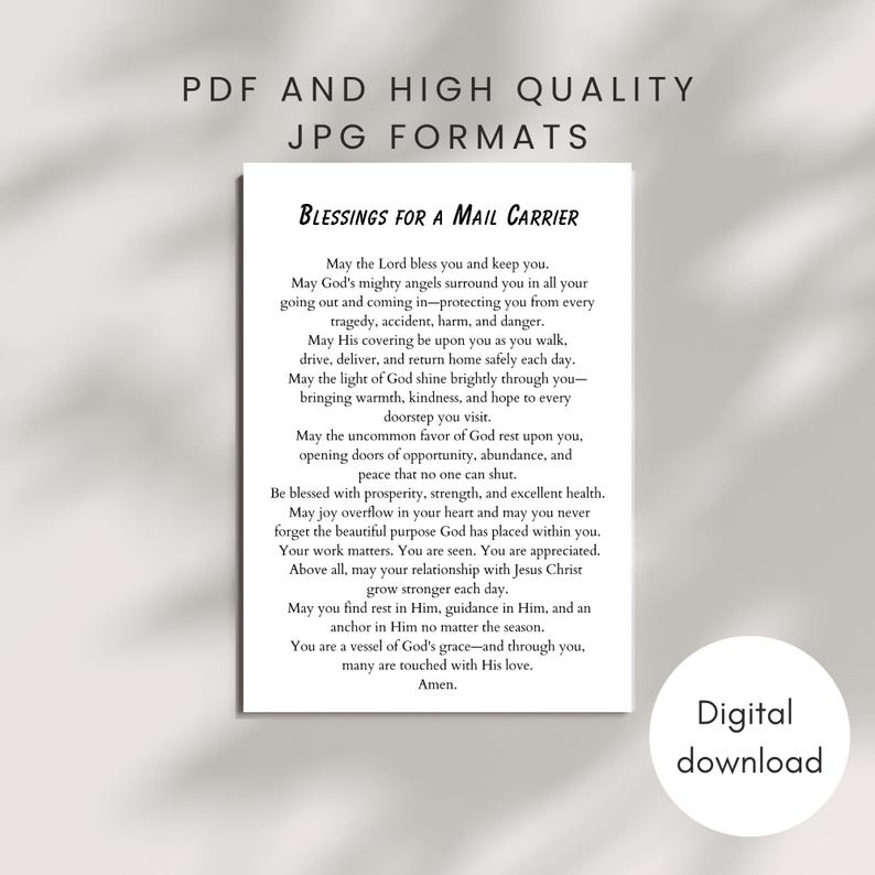Mail Carrier Blessing Card Printable Thank You Card for Mail Carrier ...