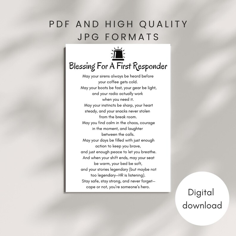 First Responder Blessing Card Printable Digital Police Firefighter EMT ...