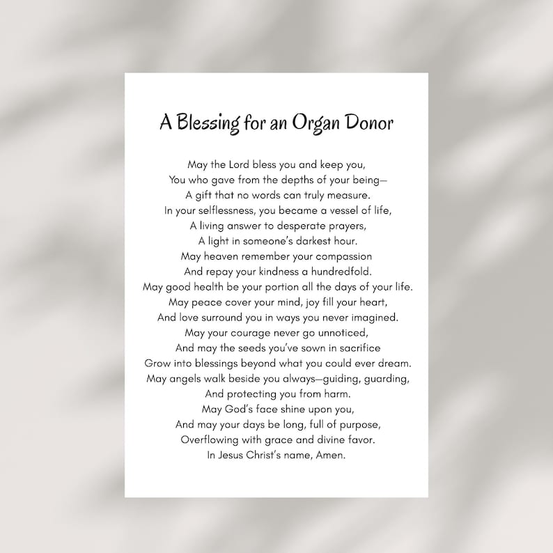 Organ Donor Blessing Card Printable Christian Prayer Thank You ...