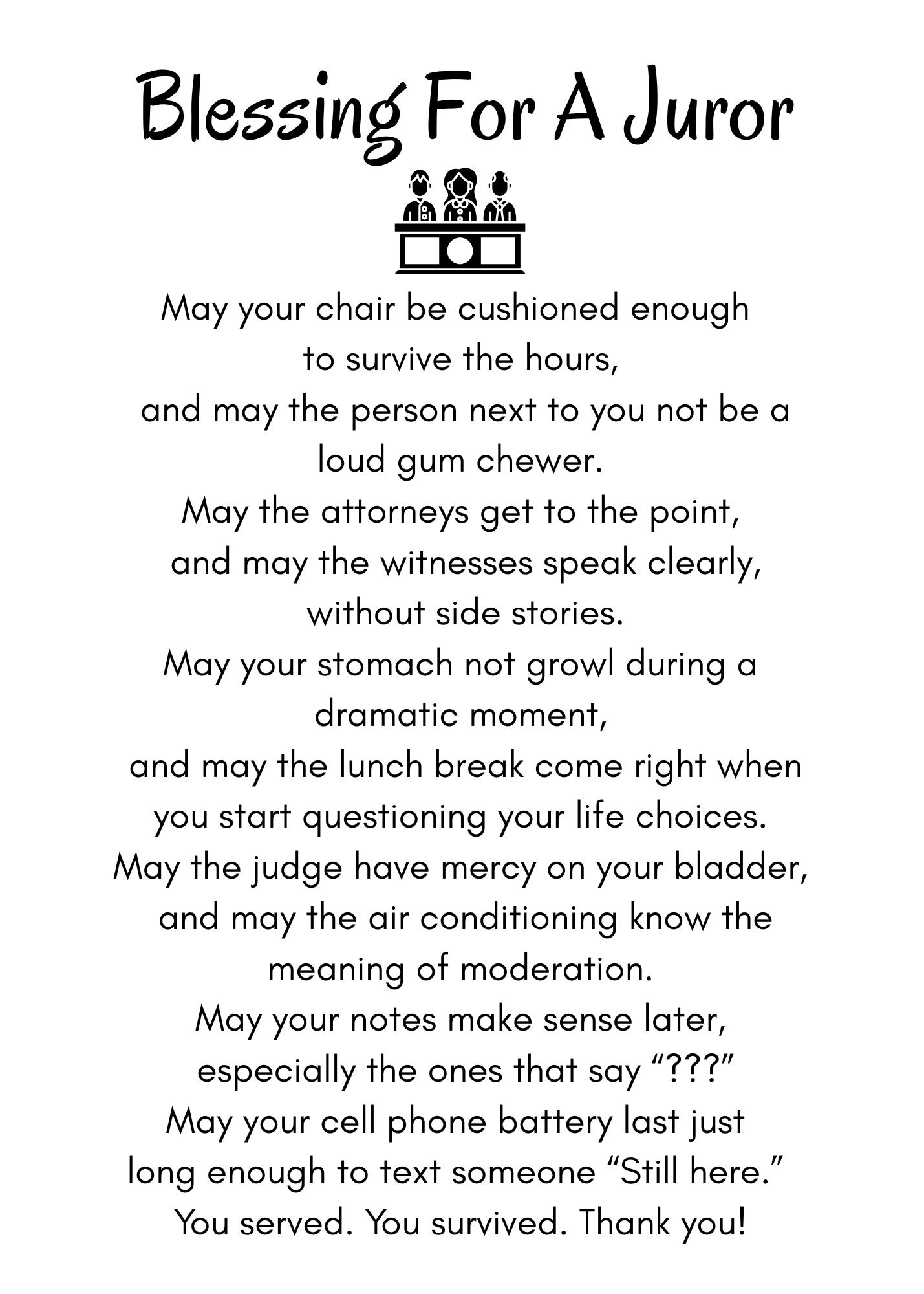 Funny Juror Thank You Card Printable Blessing Humorous Juror Gift Humor ...