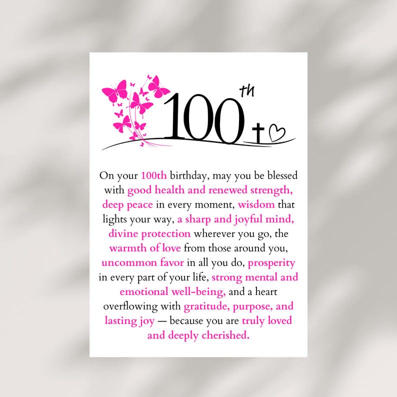 100th Birthday Blessing Card PRINTABLE Christian Prayer Faith-based ...