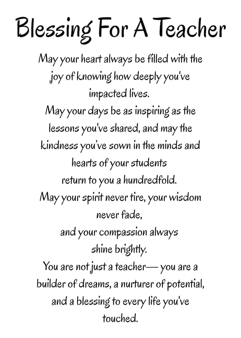 Teacher Blessing Card PRINTABLE Christian Prayer Teacher Appreciation ...