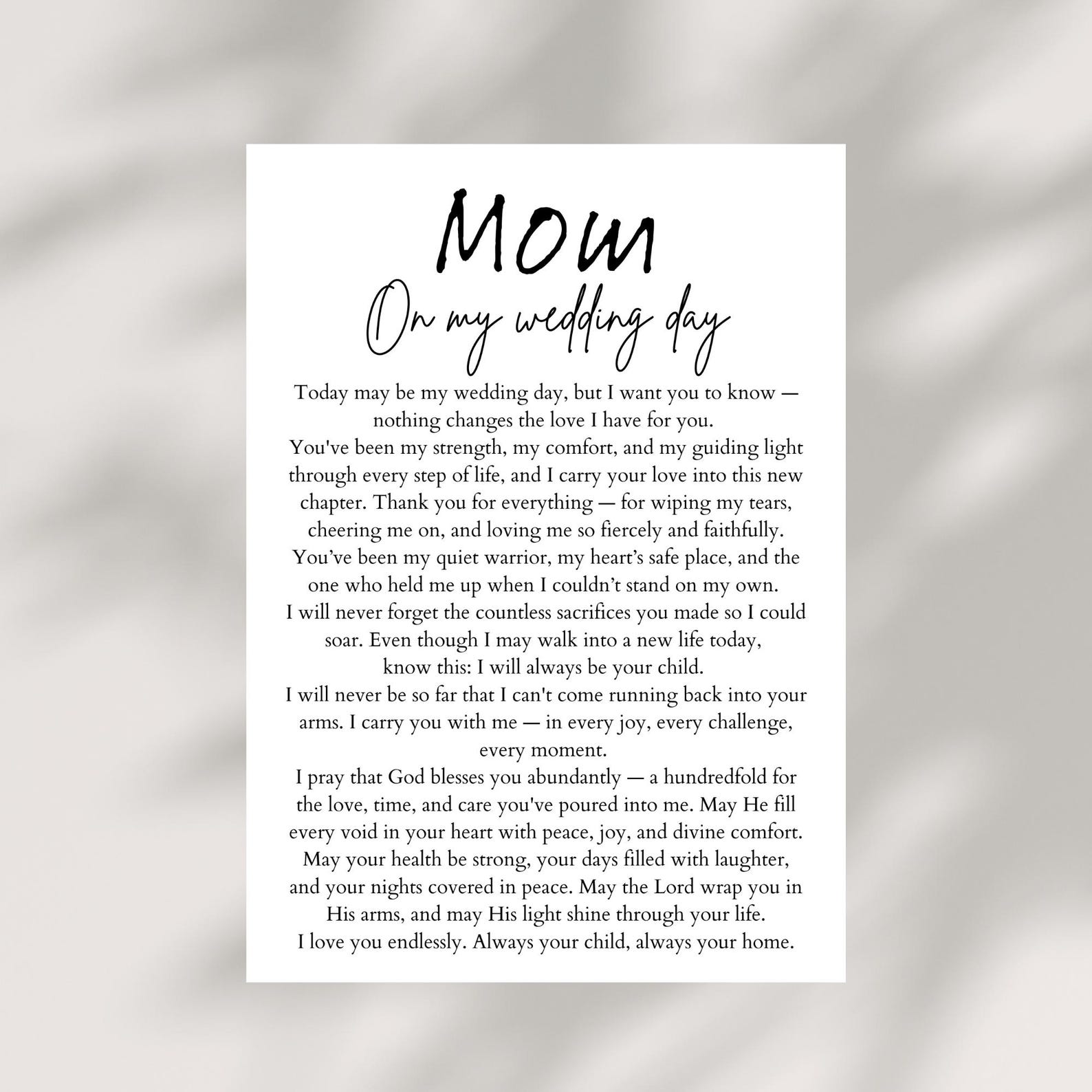 Wedding Day Mom Blessing Card Printable Christian Gift for Mother From ...