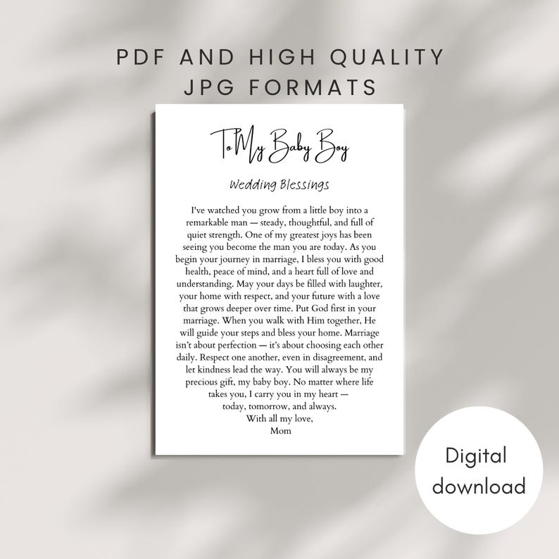 Christian Wedding Card From Mom to Son Printable Blessing Letter Note ...