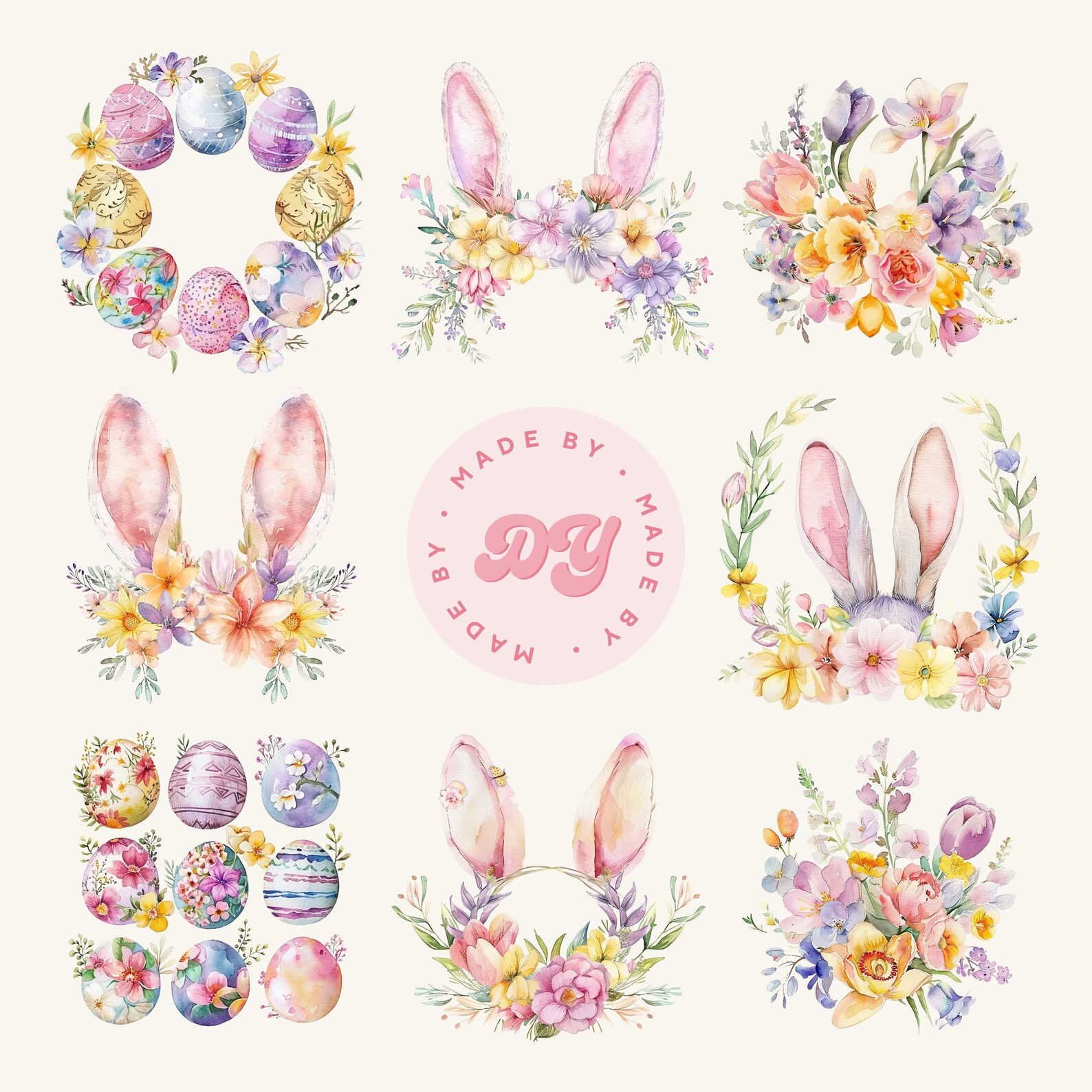 Easter PNG, Bunny Ears Watercolor Clipart, Floral Easter Clip Art ...