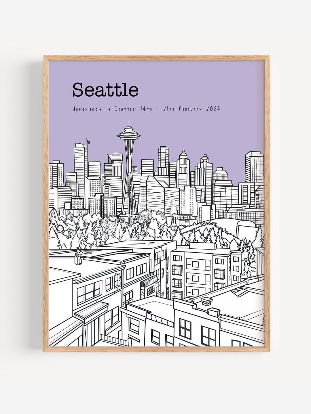 Personalized Seattle Art Print, Custom Cityscape With Background Color ...