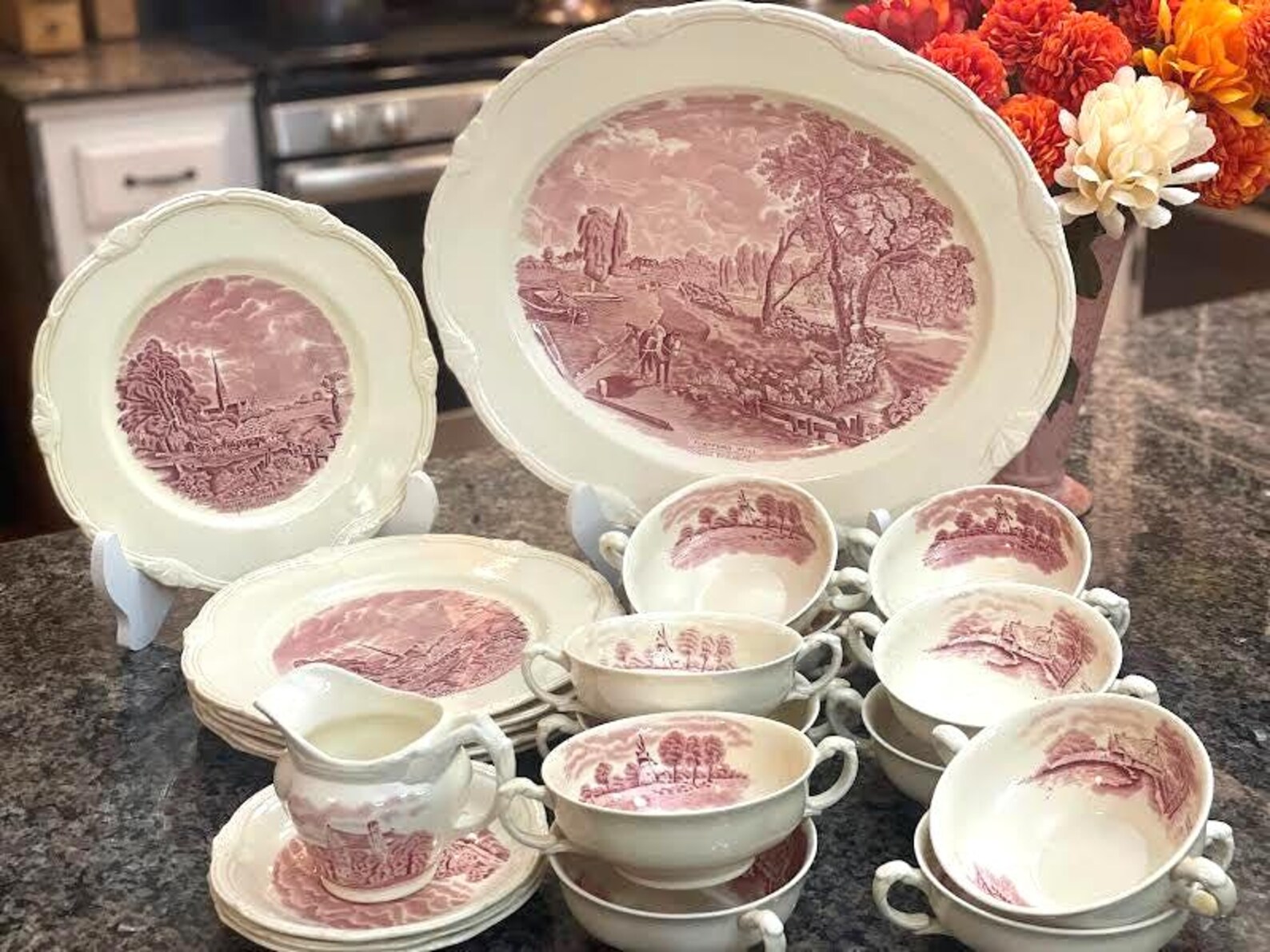 Grindley Pink Transferware Dinnerware Set: Scenes After Constable ...