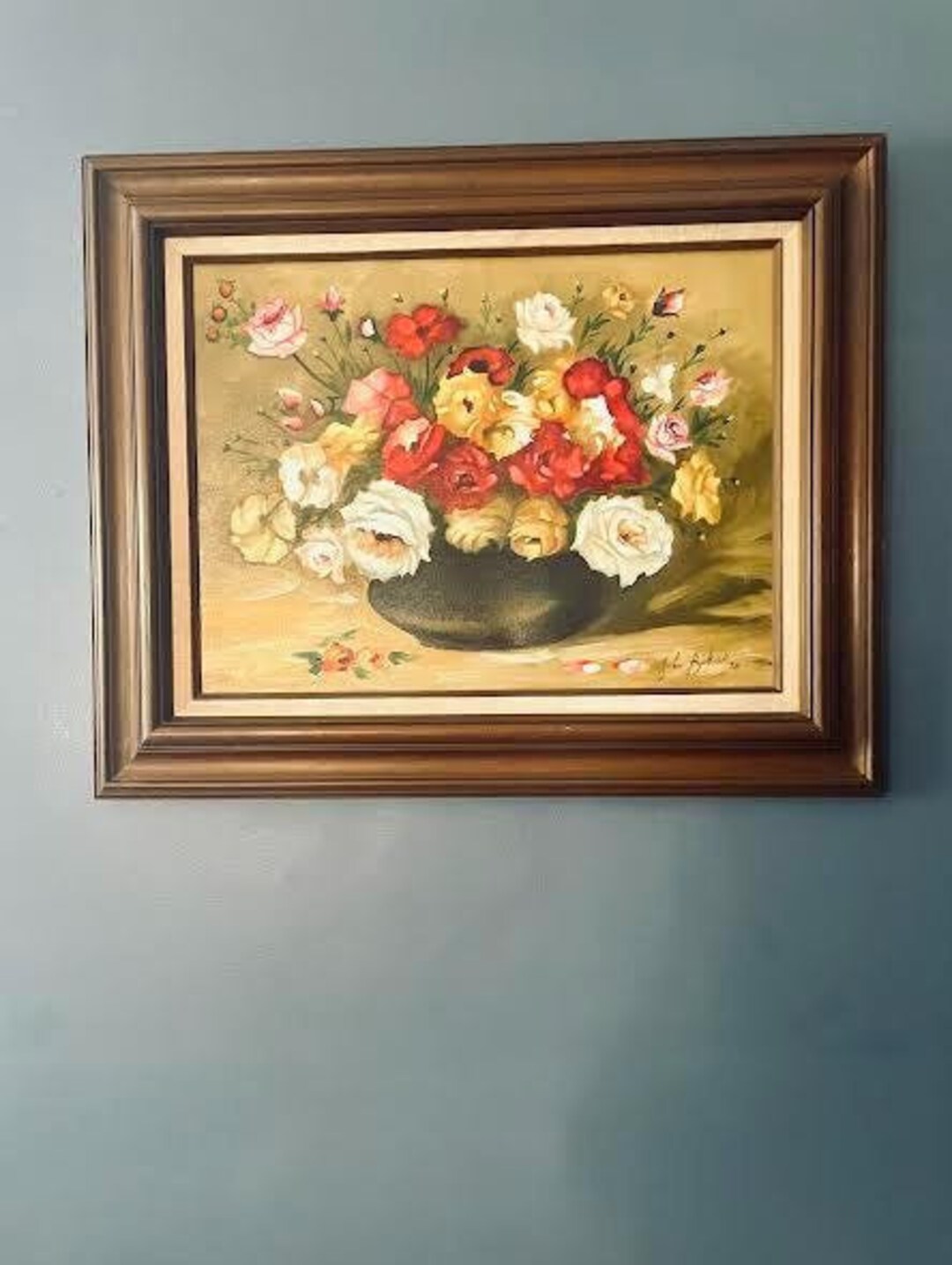 Vintage Wood Framed Floral Still Life Oil on Canvas Painting Dramatic ...