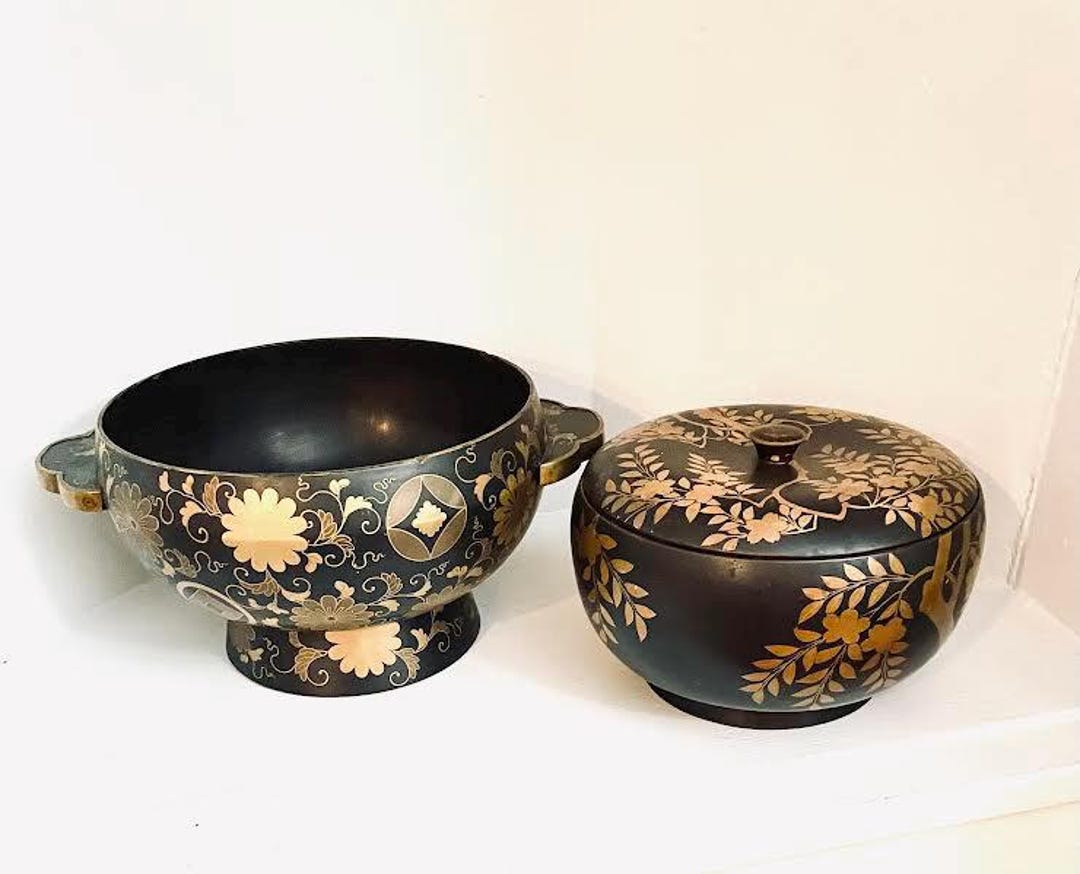 Antique Meiji Japanese Lacquer Bowls: Black & Gold Floral Set - Etsy