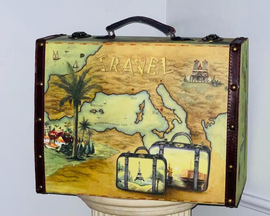 Decorative World Map Suitcase Leather Straps and Metal Lock, Overnight ...