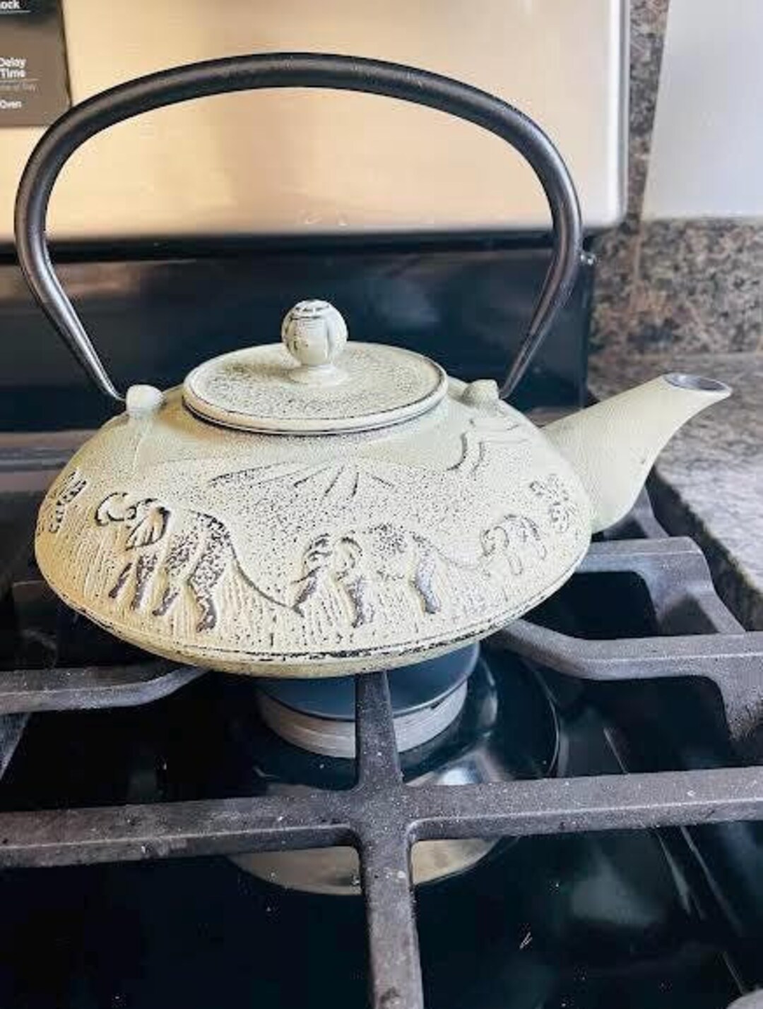 Cast Iron Light Green Kettle With Elephants Safari Style Pattern Design ...