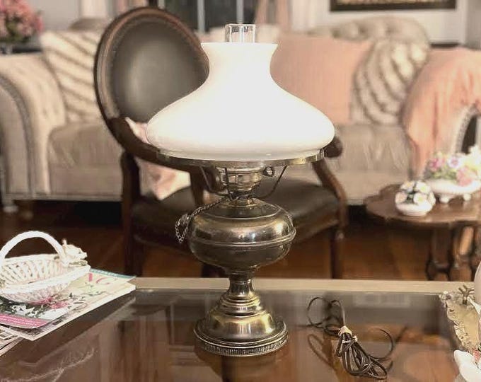 Vintage Brass Hurricane Table Lamp With Milk Glass Shade - Etsy