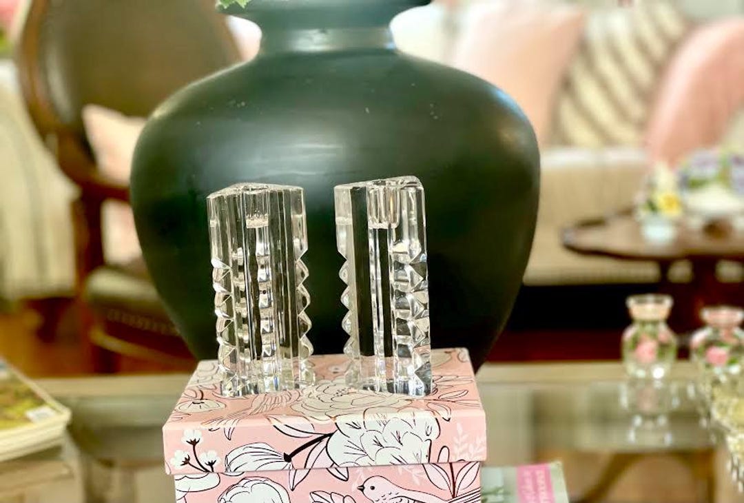 Elegant Miller Rogaska Pair of Crystal Triangle Candlestick Candle ...