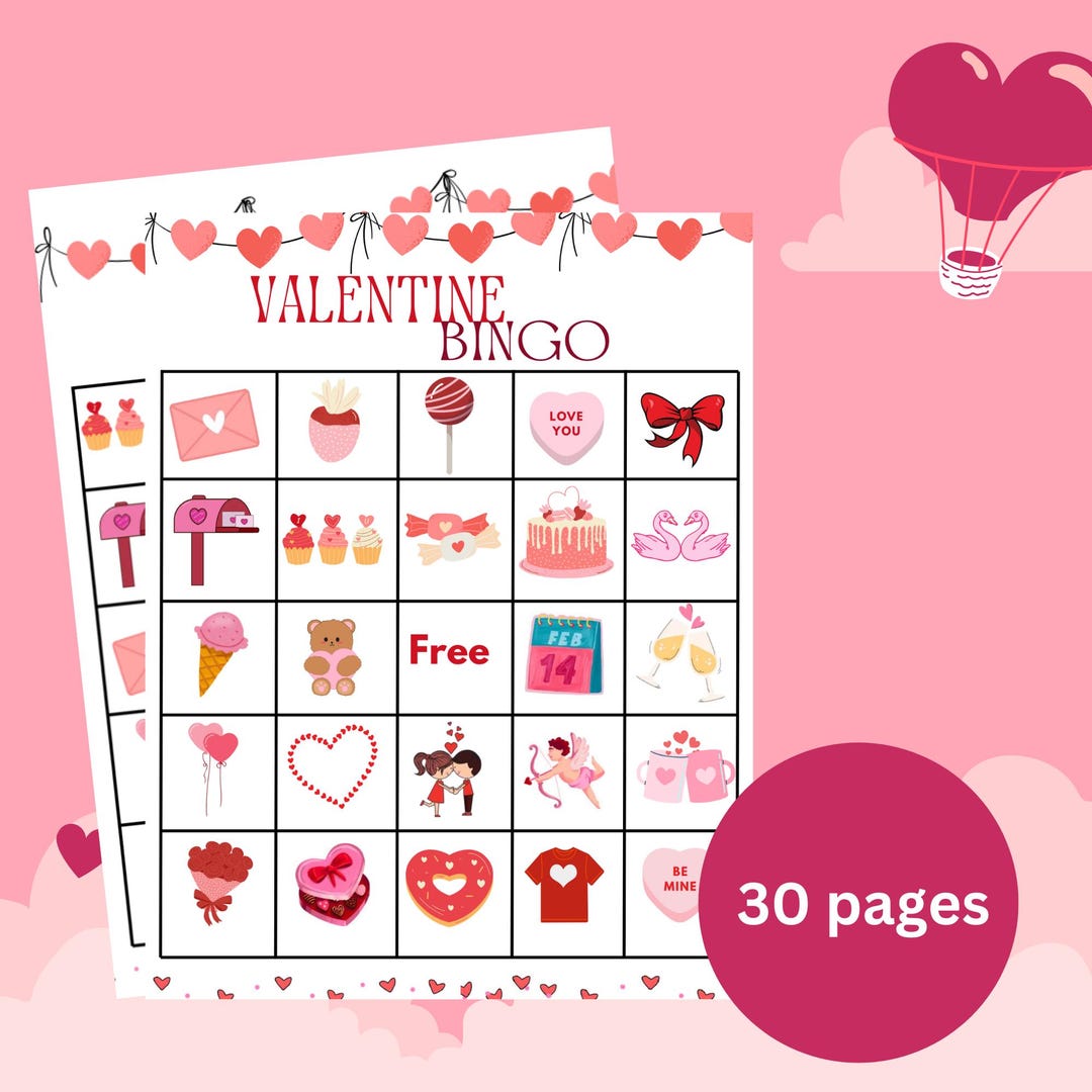 30 and 60 Valentines Printable Bingo Game Cards. Valentine's Day Bingo ...