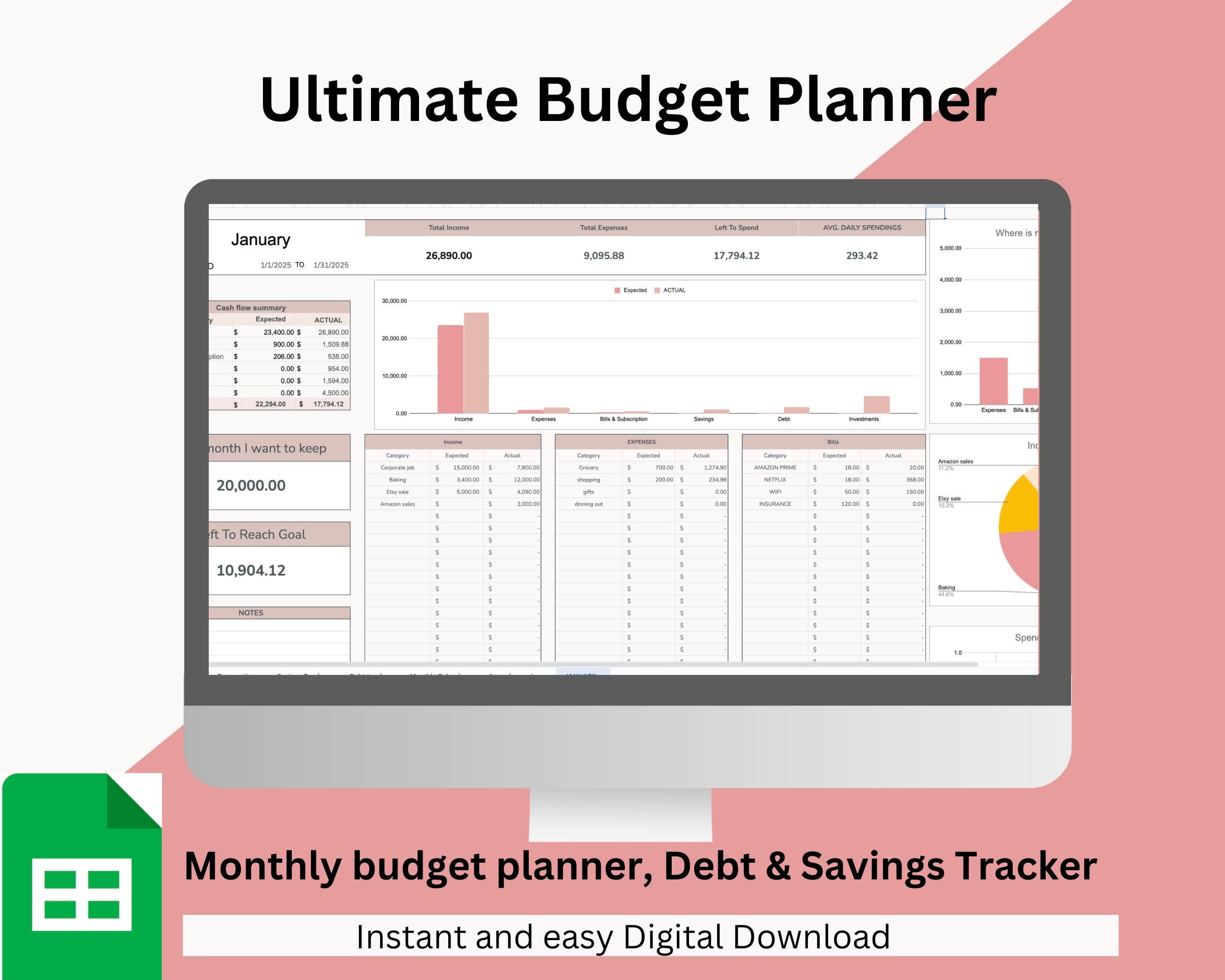 Monthly Budget Spreadsheet: Ultimate Google Sheets Planner (digital ...