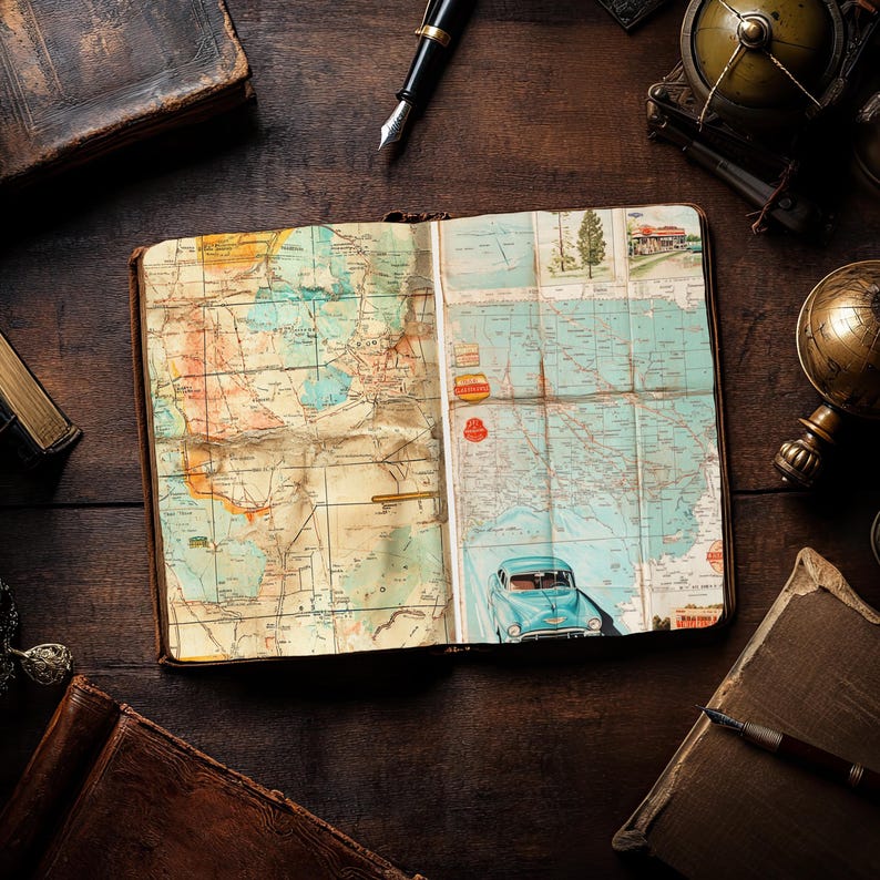 Retro Road Trip Junk Journal Kit: Vintage Ephemera, Maps (printable PDF ...