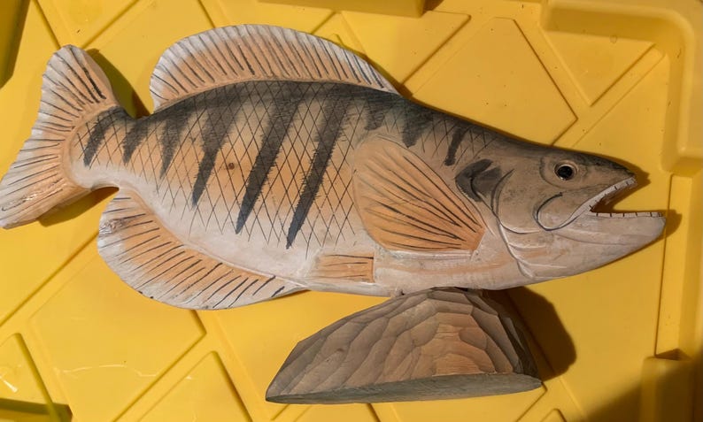 Vintage BASS FISH Wood Carving. Large 14” Statement Piece. Small Mouth ...